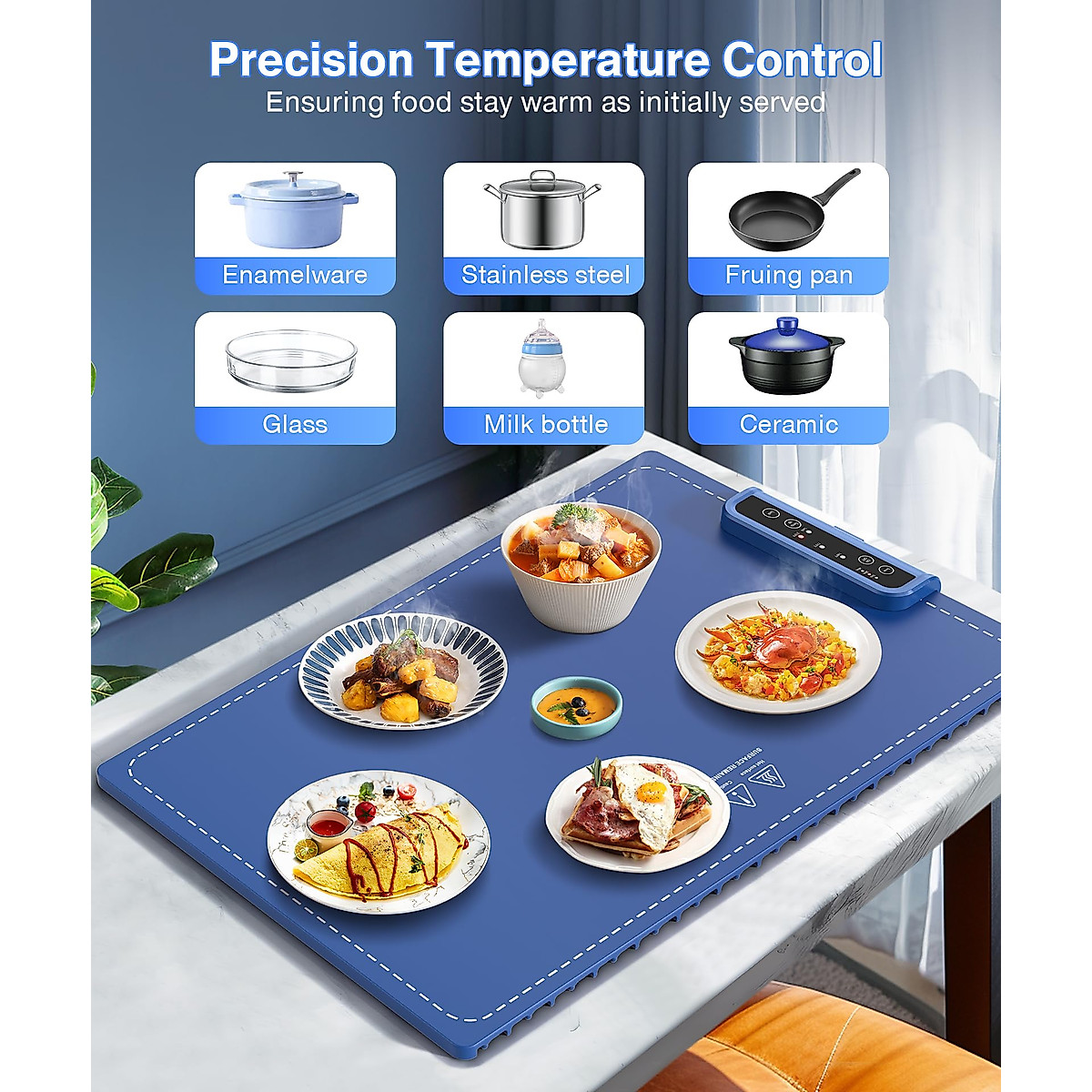 Electric Warming Tray - Full Surface Heating,Rollable & Portable - 3 Temperature Settings & Fast Heating，Food Warmer Rolling Silicone Mat for Gatherings,Parties, Buffet,Everyday Use (Blue)