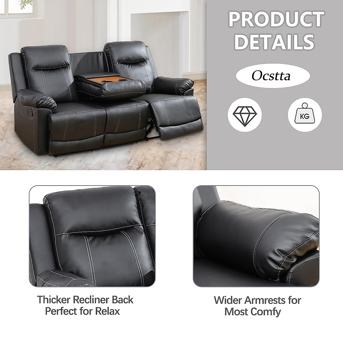 Ocstta Leather Recliner Sofa, Leather Living Room Furniture Set with Storage Console & Cup Holder for Living Room/Office (Recliner Couch for Loveseat) Black