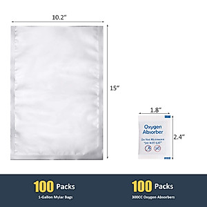 wisedry [100 Packs] 1-Gallon Mylar Bags (4 Mil, 15''x10'') with 300cc Oxygen Absorbers Packets for Dehydrated Vegetables, Grains, Legumes and Emergency Long Term Food Storage, Food Grade