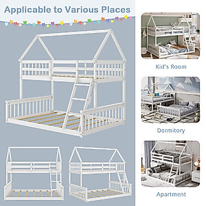 Giantex Wood Twin Over Full Bunk Bed, Solid Wood House Bed Frame Built in Ladder & Safety Guardrails, Convertible to 2 Beds, Floor Bunk Bed for Kids Teens Juniors, No Box Spring Needed, White
