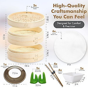Gourmet Heaven Bamboo Steamer Basket Kit 2 Tier-10 Inch-Steamer for Cooking-Dumplings Steamer, Momo,Bao Buns, Asian,Chinese Food Steamer Basket,Silicone Pot, Rice Steamer,Liners-Dim Sum,Soup Steamer
