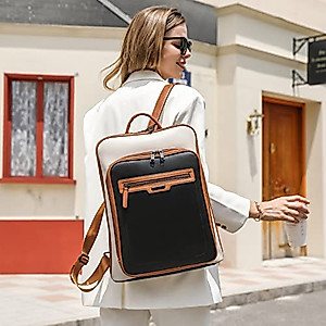 CLUCI Leather Laptop Backpack for Women 15.6 inch Computer Backpack Travel Business Work Large Daypack Off-white with brown and black