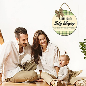 Sokomurg Shhh... Baby Sleeping Sign for Front Door,Please Don't Knock or Ring Bell Hanging Sign Plaque, Round Rustic Wooden Door Hanger for Baby Room, Nursery, Kindergarten, Bedroom, Door Knob Door Decor