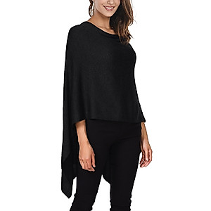 DJT Womens Solid Knit Short Asymmetric Wrap Poncho Topper Black