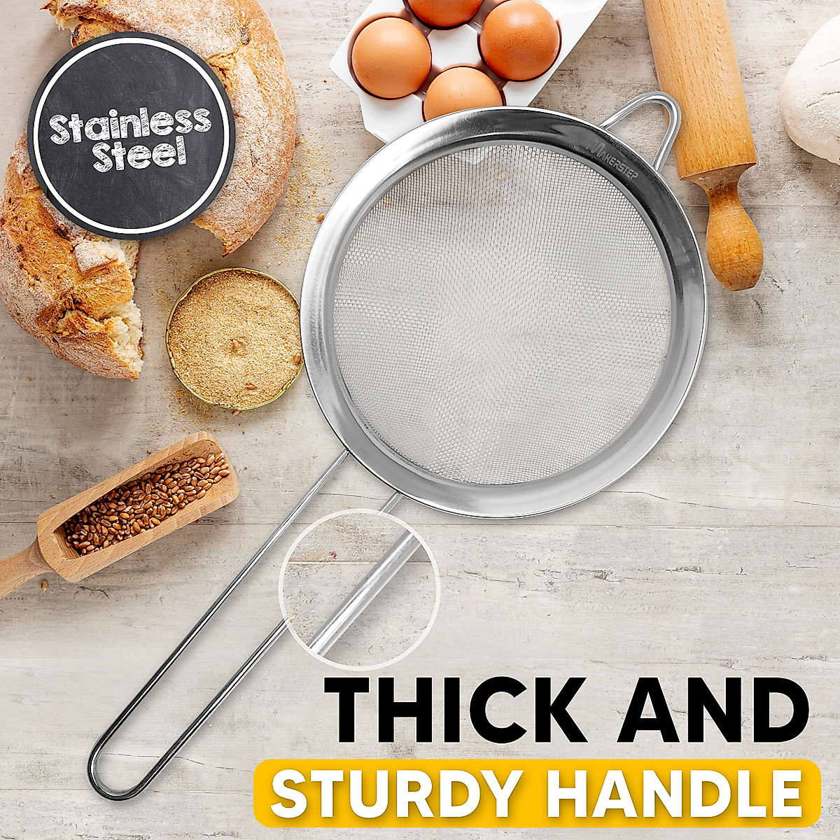 Makerstep Set of 3 Stainless Steel Fine Mesh Strainers Graduated Sizes 3.38", 5.5", 7.87" Strainer Wire Sieve Sifter with Sturdy Handle for Kitchen Gadgets Tools - New Home Kitchen Essentials