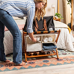 DomeNest Folding Luggage Rack for Guest Room with Laundry Bag - Heavy Duty Space Saving Baggage Suitcase Stand Storage Shelf Made from Natural Bamboo - Fully Assembled Foldable Hotel Bedroom Luggage Holder