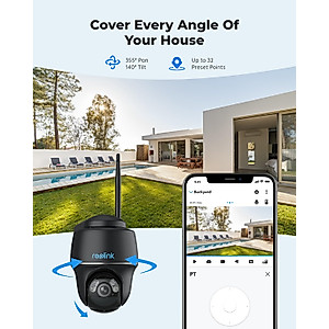 REOLINK Security Camera Outdoor Wireless, Argus PT 5MP+Solar Panel with 360° Pan-Tilt View, 2K Night Vision, 2.4/5Ghz WiFi, Solar Security Camera with Person/Vehicle Detection, Two-Way Audio, Black