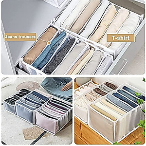 YUANSEN 7 Grids Washable Wardrobe Clothes Organizer, Jeans Compartment Storage Box Foldable Closet Drawer Organizer Mesh Separation for Bedroom, Pants T-Shirt Legging (4PCS Large)