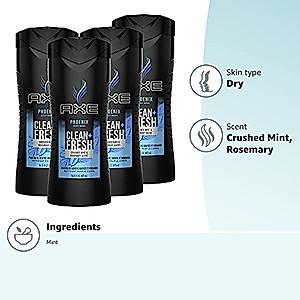 AXE Body Wash Phoenix 12h Refreshing Scent Crushed Mint & Rosemary 4 count Men's Body Wash with 100% Plant-Based Moisturizers 16 oz