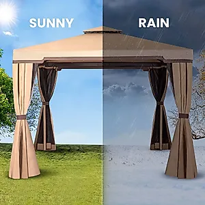 SUNCROWN 10 x 10 FT Outdoor Gazebo for Patio Iron Frame Garden Permanent Gazebo with Vented Soft Canopy and Mosquito Netting, Brown