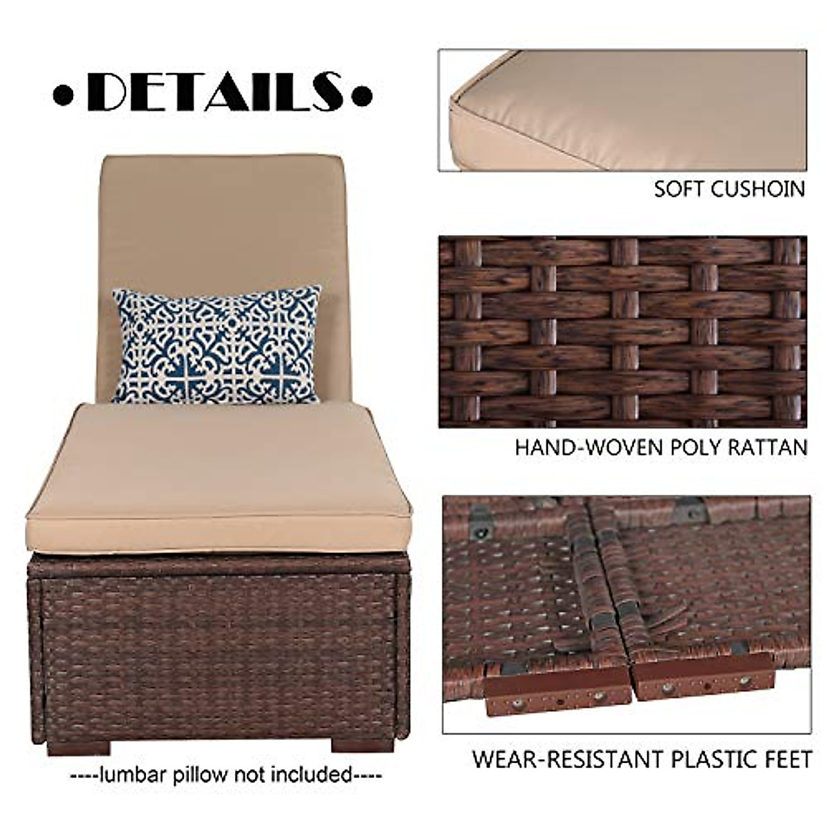 Super Patio Outdoor Chaise Lounge Chair, Patio Pool Lounge Chairs for Outside, Rattan Reclining Chaise Lounger with Adjustable Backrest and Removable Cushions, Beige(Set of 2)