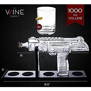 Uzi Submachine Gun Whiskey Gun Decanter and 4 Liquor Glasses - Tik Tok Gun Decanter & Glass Set - Gun Gifts for Men - Whiskey Decanter Set - Bourbon & Scotch Decanter - Firearm Shooting Gifts for Dad
