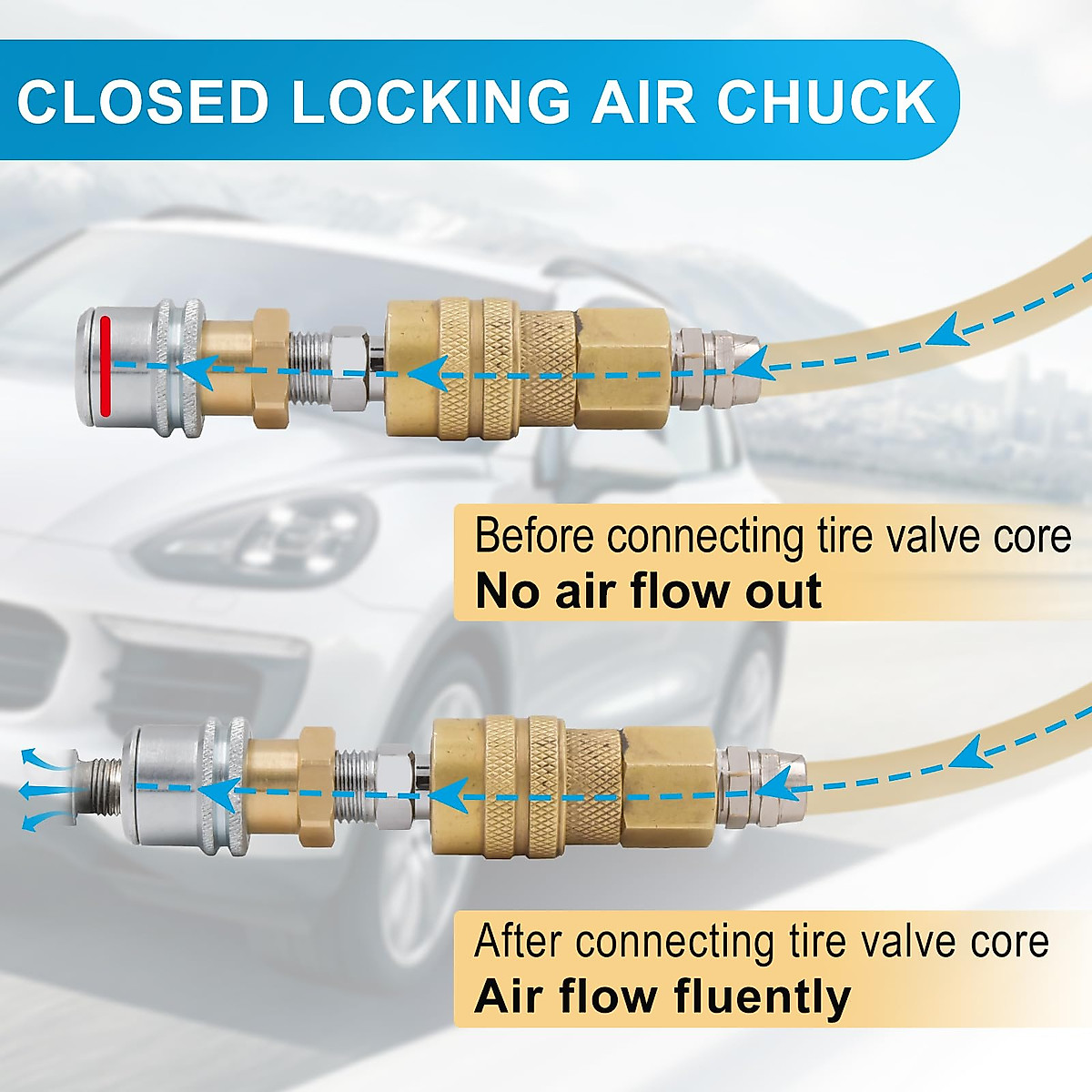 WNCGC Air Chuck,1/4 FNPT Closed Flow Brass Tire Air Chuck, Locking Air Chuck Quick Connect for Inflator Gauge Compressor Accessories (2 Pack)