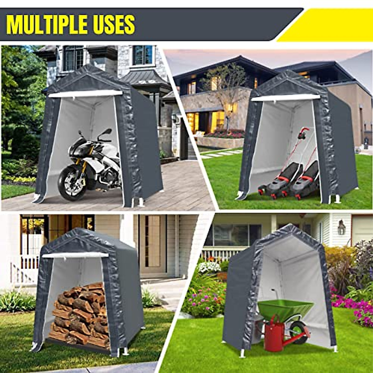 Sefzone 6x8x7Ft Storage Shelter, Outdoor Portable Shed with Detachable Roll-up Zipper Door, 240 PE Fabric, Heavy Duty Frame, Waterproof, Anti-UV, Storage Tent Kit for Bike, Motorcycle, Garden Tools