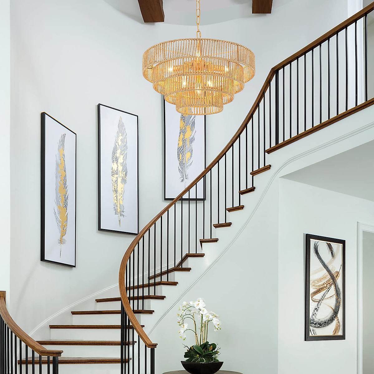 ELYCCUPA 6-Lights Hand-Woven Rattan Pendant Light 4 Round Transitional Minimalist Boho Large Pendant Light for Kitchen Island Dining Room Living Room Hallway, Dia 20 Inch, UL Listed