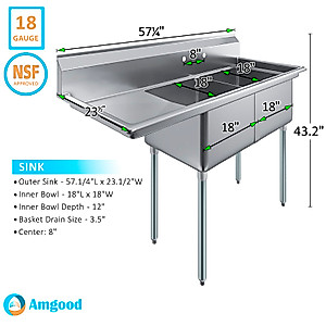 Two Compartment Stainless Steel Commercial Kitchen Prep & Utility Sink with Left Drainboard | Bowl Size 18" x 18" X 12" | NSF