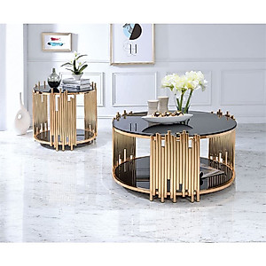 BOWERY HILL Round Glass Top Coffee Table End Table in Black and Gold