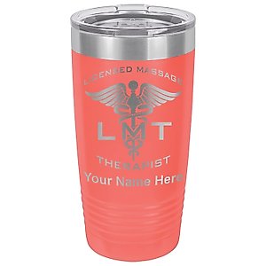 LaserGram 20oz Vacuum Insulated Tumbler Mug, LMT Licensed Massage Therapist, Personalized Engraving Included (Coral)
