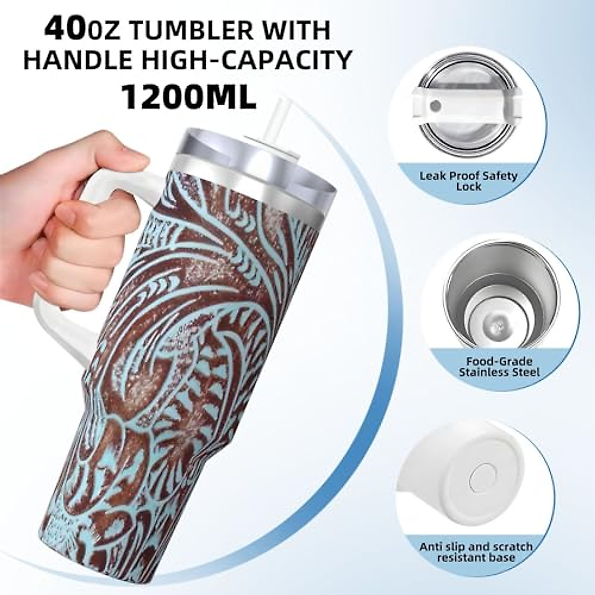 Xiexide 40oz Stainless Steel Hiking Rustic Western Country Turquoisen Cowboy Tooled Leather Double Walled Vacuum Insulatedith Handle And Straw,Hot & Cold Drinks