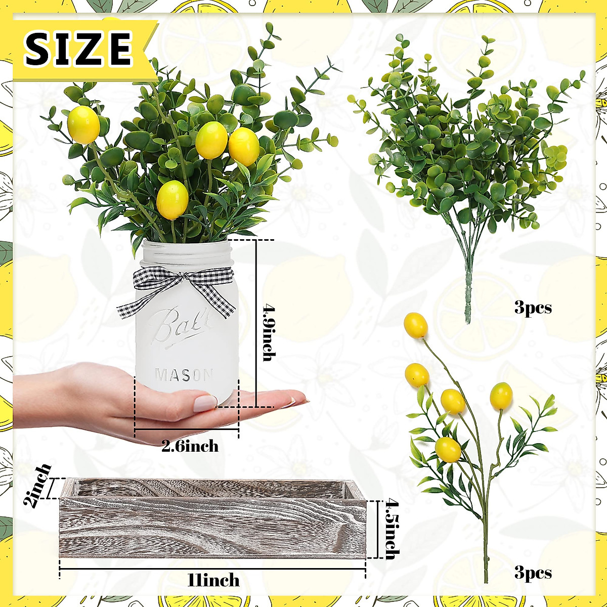 Lemon Mason Jars Centerpiece for Table, Wood Tray with 3 Painted Jars, Dining Coffee Table Centerpiece For Kitchen, Living Room, Spring Mason Jar Decor with Lemon