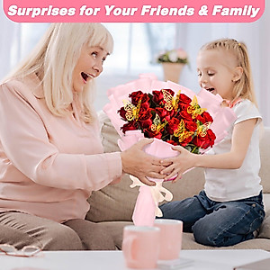 ROADPLUM 20 Sheet Pink Flower Wrapping Paper, Bouquet Wrapping Paper with 12 Butterflies and 1 Ribbon for Diy Bouquet, Flower Paper Wrap Kit for Valentine's Day, Mother's Day, Graduation