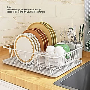 2 Tier Dish Drying Rack Dish Rack for Kitchen Counter Multifunctional Dish Drainer with Utensil Holder for Dishes, Knives, Spoons, and Forks Organizer Shelf