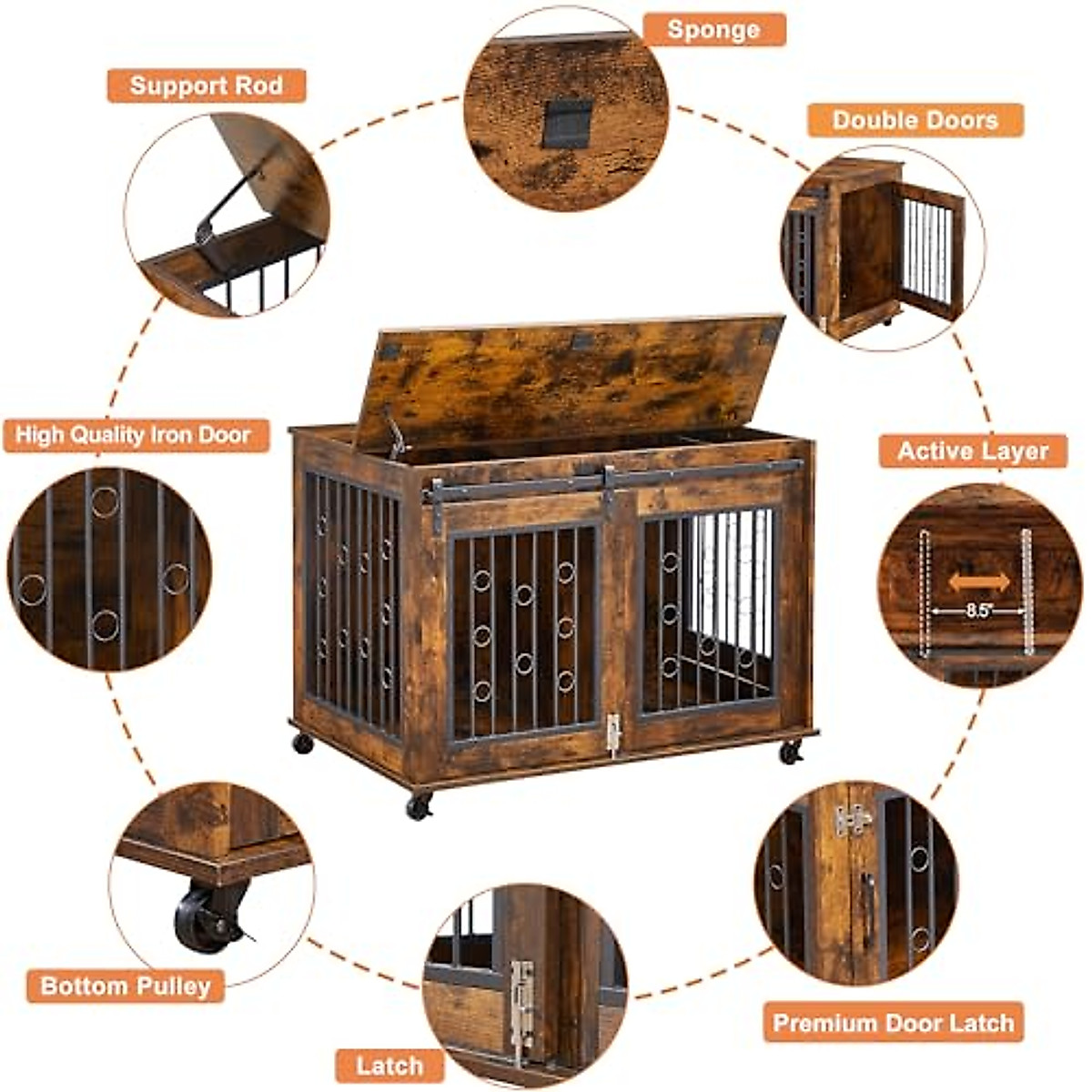 Rophefx Dog Crate Furniture with Sliding Door, Dog Kennel Indoor with Partition for Two Puppies, Dog Cage with Flip-up Top and Wheels, Chew-Resistant Wooden Double Dog Crate, Brown
