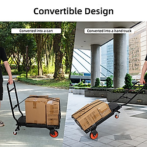 Folding Hand Truck 2 in 1 Platform Truck Cart Heavy Duty Folding Push Dolly for Moving One-Button Folding Dual-Purpose Design 330lbs Capacity Hand Cart Foldable Dolly Push Cart with Bungee Cord Black