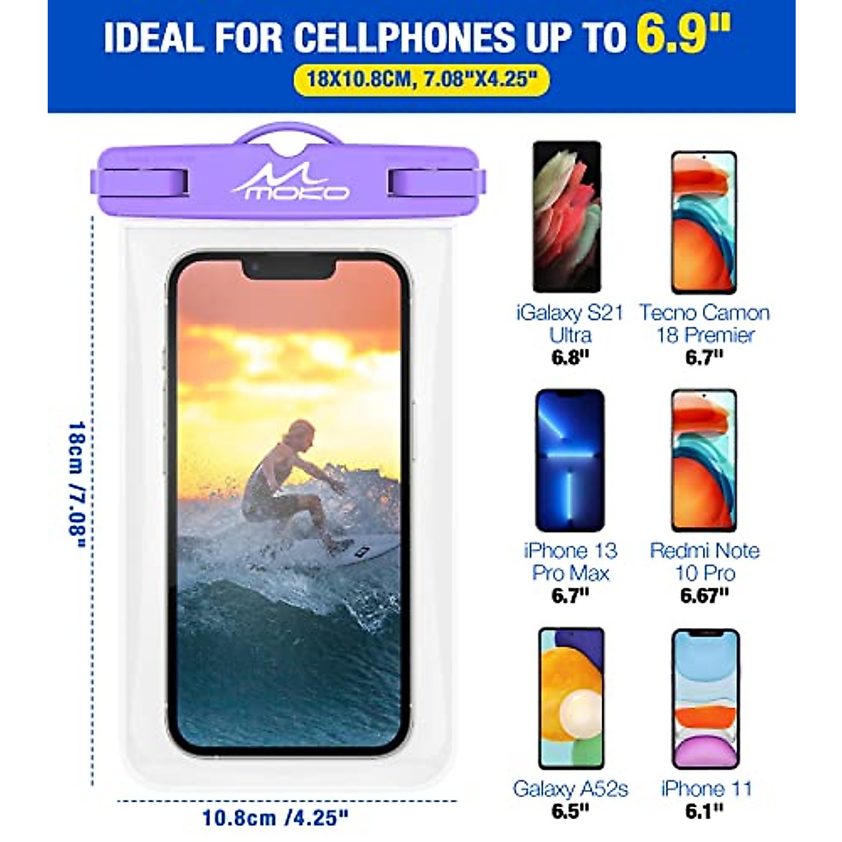 MoKo Universal Waterproof Phone Pouch 6Pack, IPX8 Phone Case Dry Bag Compatible with iPhone 14 13 12 11 Pro Max, XS Max/XR/SE 3, Galaxy S21 Ultra, Note 10 Plus/20 Ultra