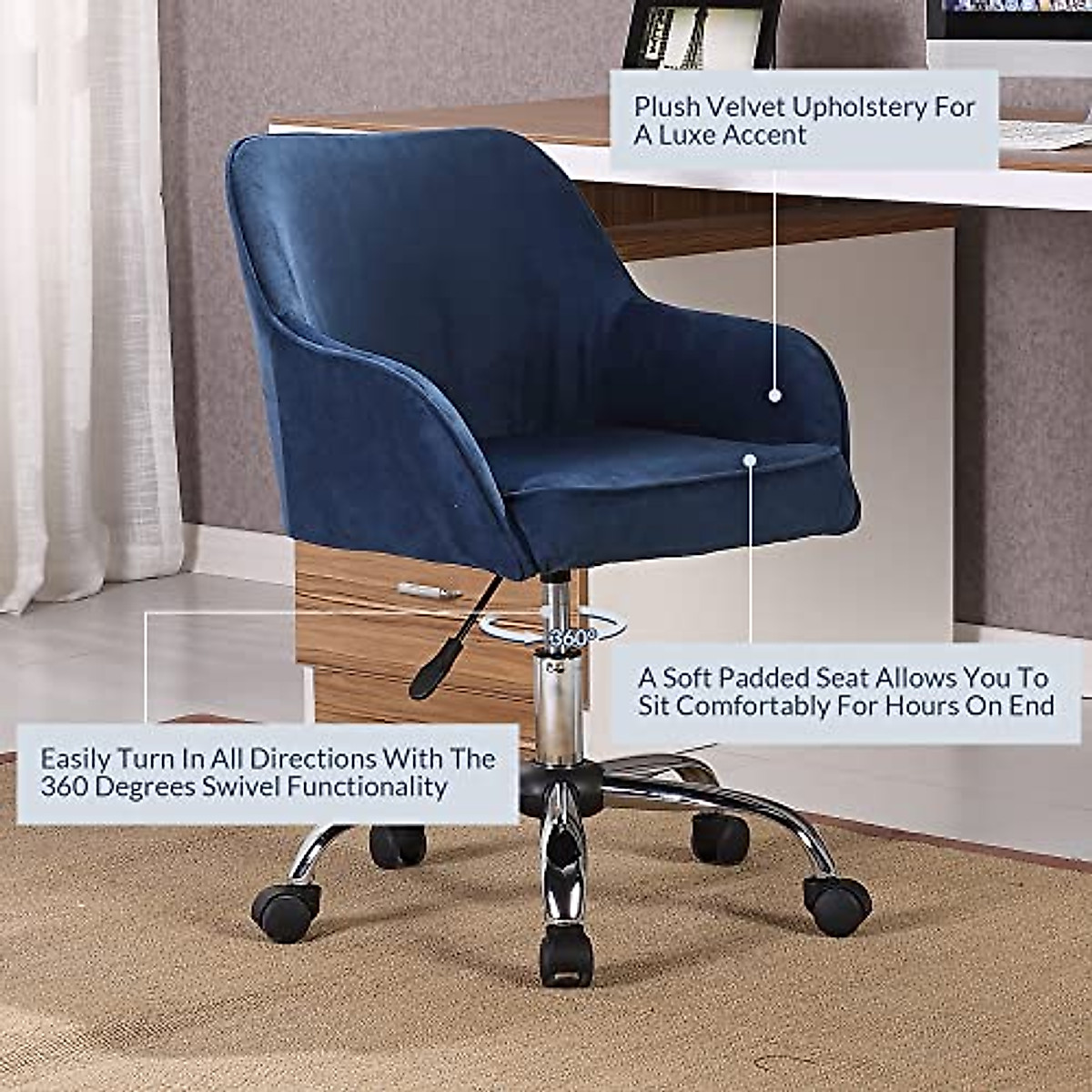 BELLEZE Modern Office Ergonomic Computer Desk Chair with Mid-Back Design, Thick Padded Velvet Seat, and Built-in Lumbar Support 360 Swivel Adjustable Height - Nora (Blue)