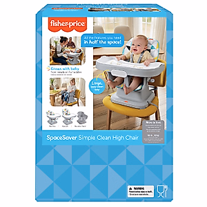 Fisher-Price SpaceSaver Simple Clean High Chair Baby to Toddler Portable Dining Seat with Removable Tray Liner, Windmill
