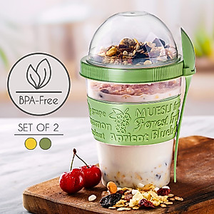 Yogurt Parfait Cups for Breakfast, Oatmeal or Fruit Container, Snack Bowl and Spoon for Lunch Box, Portable & Reusable, 2 PCs (Green & Yellow)