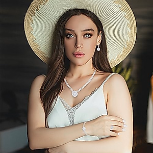 GXGLMP CZ Jewelry Set for Women Gold Plated Round Pendant Cuban Link Chain Necklace Bracelet Hoop Earring Open Ring Set(sliver)