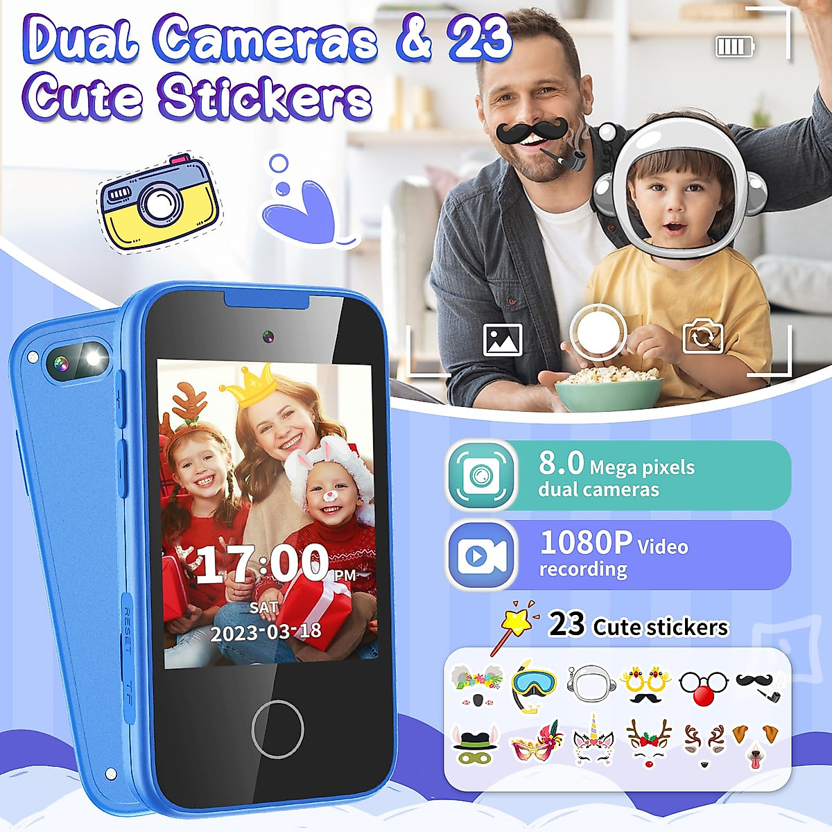 Kids Phone Toy for 3 4 5 6 Year Old, Touchscreen Kids Cell Phone Dual Camera with Music Player Flashlight Puzzle Games Alarm Learning Toys Christmas Birthday Gifts for Boys Ages 3-6 with SD Card Blue