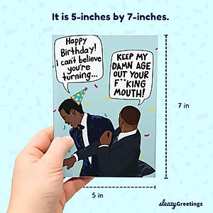 Sleazy Greetings Funny Birthday Card Meme For Him Her Men Women | Keep My Age Out Your Mouth Slap | Will Smith Slaps Chris Rock Happy Birthday Card