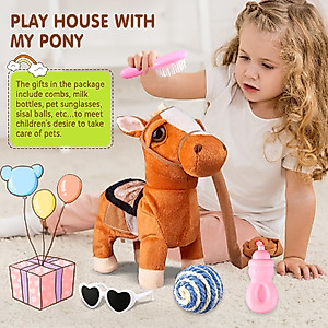 Brown Walking Pony Plush Interactive Pony Toy Singing Dancing Musical Realistic Pony Pet, Stuffed Animal Shaking Leash Horse Toy Head Buttocks Toy for Boys Girls or Toddlers