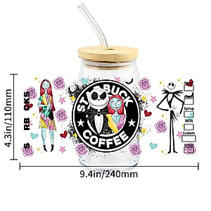 UV DTF Cup Wrap Transfer Stickers for Glass, 10 Sheet Halloween Rub on Transfers for Crafting, UV DTF Transfer Waterproof Sticker for 16OZ Libbey Glass Cups Furniture Craft Wood DIY Crafts