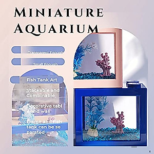 Small Betta Fish Tank, Stackable Mini Fish Tank Aquarium Tank Kit, 3/5 Gallon Rectangular Fish Bowl with Aquarium Gravel Decoration, Cube Tank for Seaweed Balls Sea Monkeys (Blue)