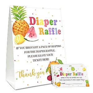 Diaper Raffle Baby Shower Game, 1 Standing Sign and 50 Tickets, Fruits Theme Gender Neutral For Boys or Girls, Bring A Pack of Diapers for Mom-To-Be, (038)