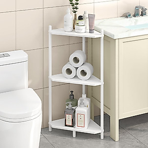 Corner Shelf Stand - 3 Tier Walnut Bamboo Small Corner Bookshelf for Office Kitchen Bedroom Plant Stand Living Room Decor Small Space (White)