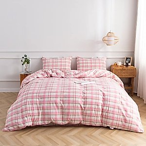 TazmKezm Pink Grid Duvet Cover Set 100% Washed Cotton Duvet Cover King Size (104x90 Inch),3 Pieces Luxury Soft Bedding Set with Zipper Closure.Solid Color Pattern Duvet Cover