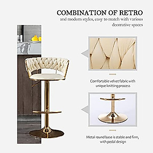Kiztir Velvet Swivel Bar Stools Set of 2, Adjustable Counter Height Bar Chairs with Woven Back & Footrest, Luxury Gold Bar Stools for Kitchen Island, Cafe, Pub (Cream)