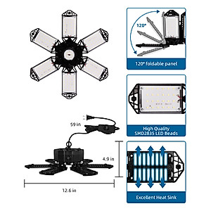 FAMURE Garage Light with Motion Sensor, 185W LED Ceiling Shop Lights Plug in, 18500Lm Super Bright 6000K Motion Indoor Lamp with 6 Deformable Panels, Linkable Ceiling Garage Lights for Warehouse