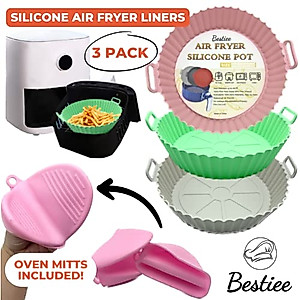 Bestiee 3-Pks Reusable Air Fryer Liners with Mitten | Fits for 3 to 7 QT | 8" Round Thick Non-Stick Food Grade Air Fryer Silicone Liners | Non-Flammable Air Fryer Liners Reusable | Green,Pink,Gray