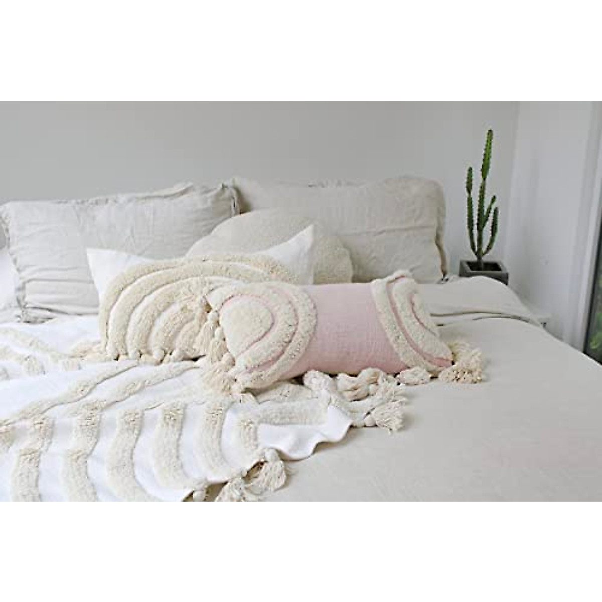 CASA BOHO Throw Blanket Boho Rainbow Throw Blanket Cozy Throw Blanket for Bed Pom Pom Blanket for Bed Cozy Blanket Throw Blankets for Bed Throw Blanket for Couch Neutral Rainbow Decor Cream 48x64