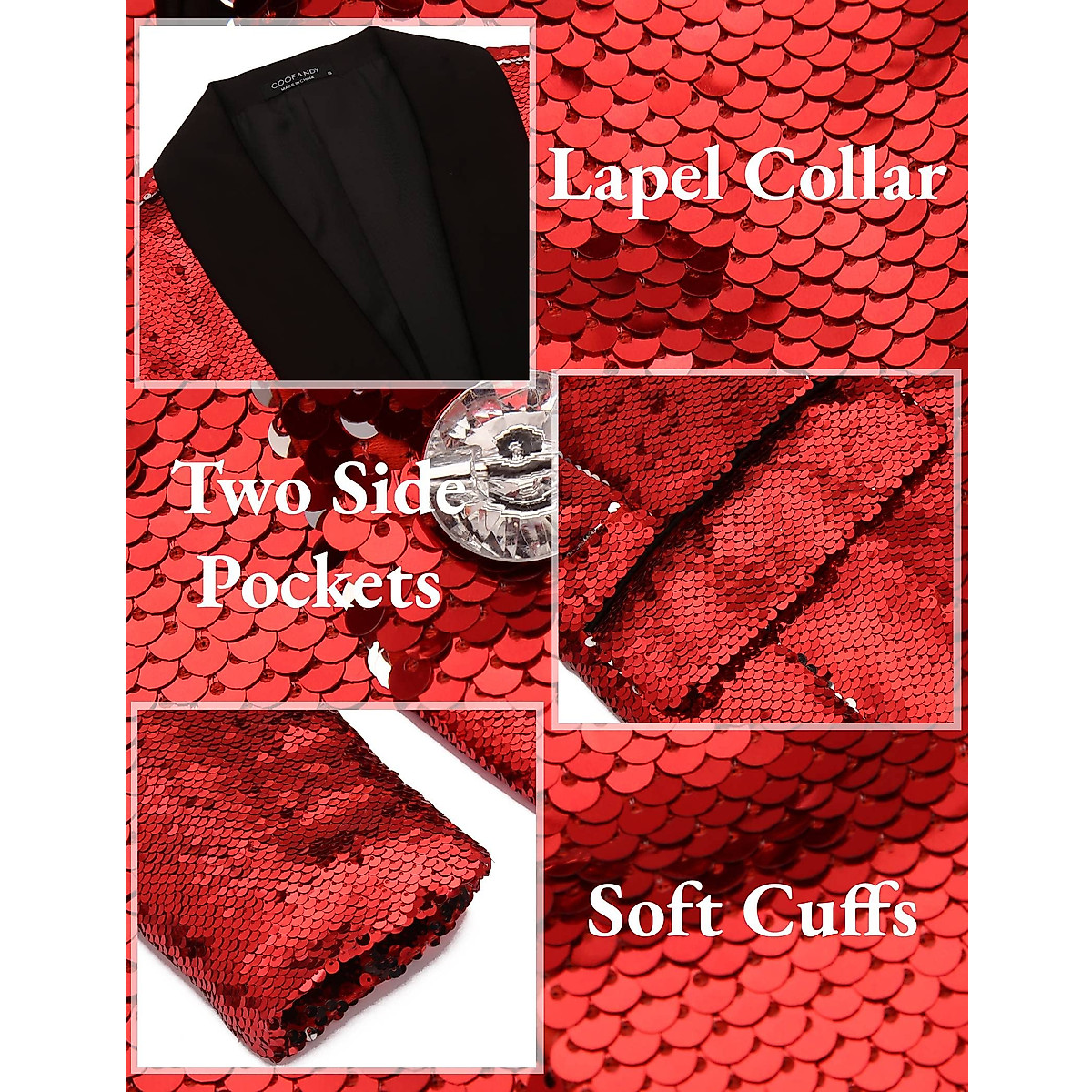 COOFANDY Shiny Sequins Suit Jacket Blazer One Button Tuxedo Christmas Nightclub Red