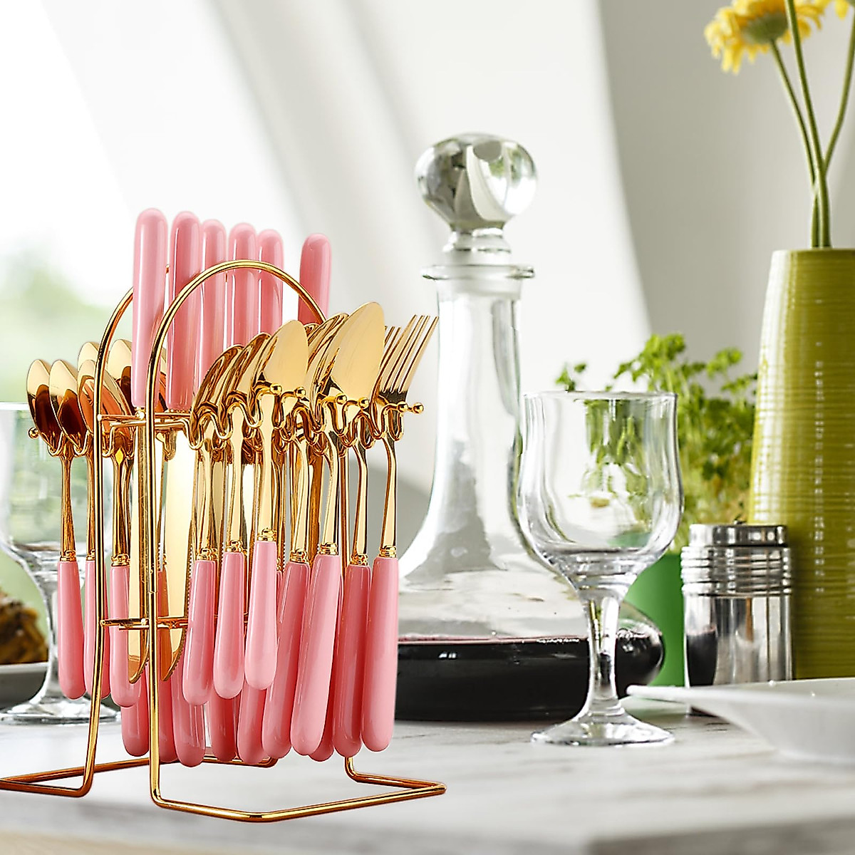 Gold Silverware Set, Caliamary 24 Pieces Flatware Set with Silverware Holder, Stainless Steel Knives and Forks and Spoons Cutlery Set Service for 6, Kitchen Utensil Tableware Set with Pink Handle