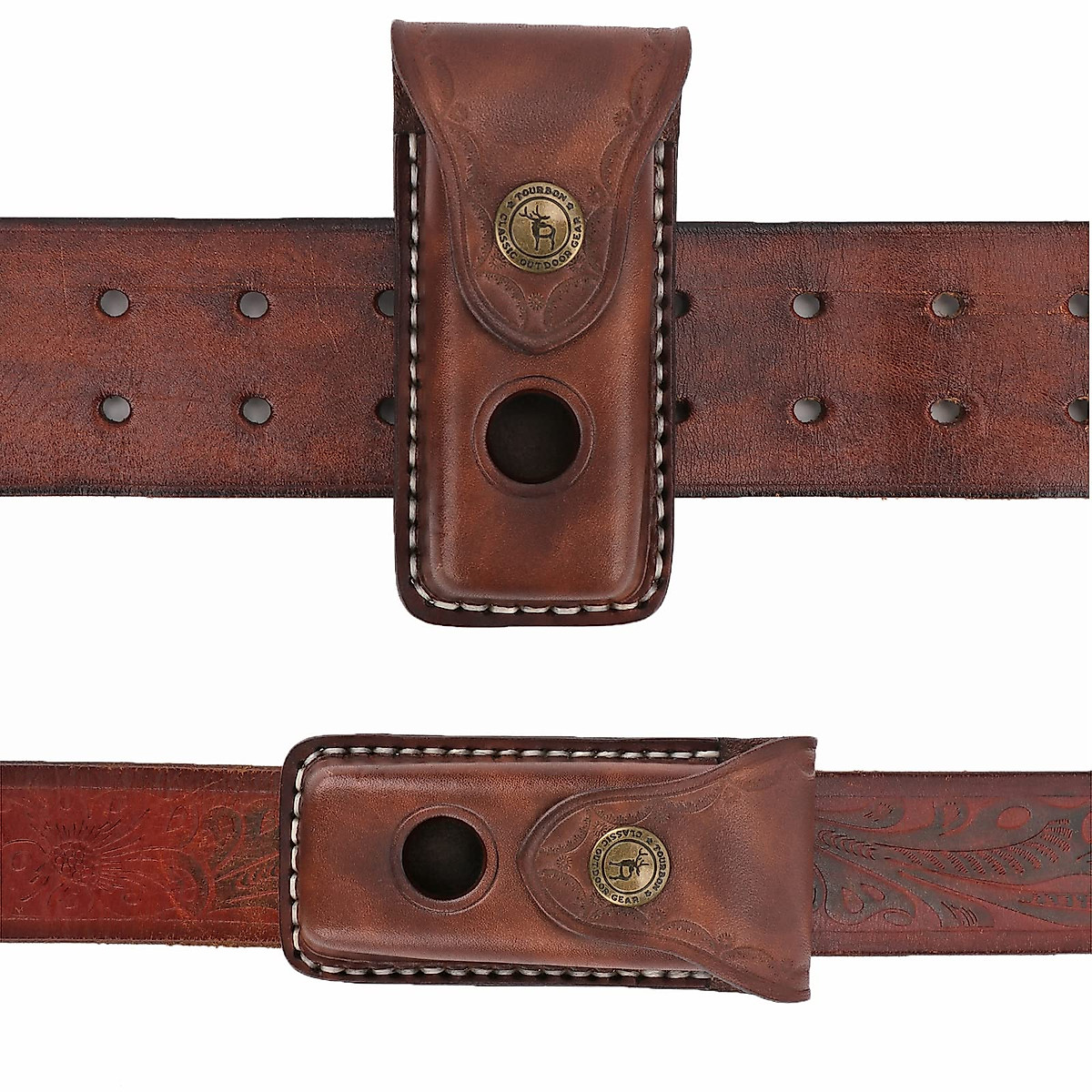 Tourbon EDC Leather Pocket Folding Knife Sheath 3.8 Inch Blade Carrier Holster Flashlight Holder Case for Belt