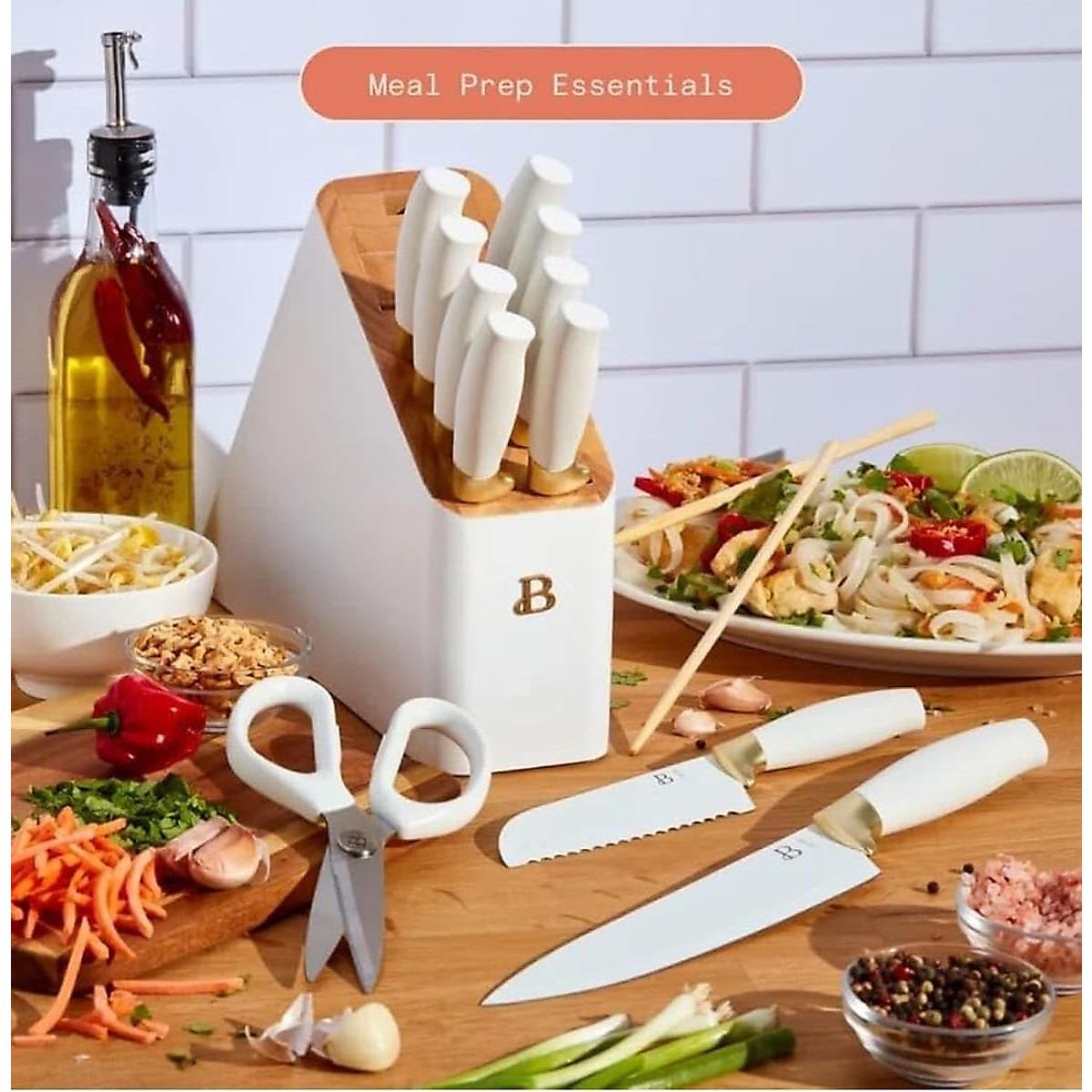 12 Piece Knife Block Set with Soft-Grip Ergonomic Handles White and Gold by Drew Barrymore