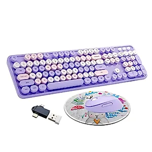 Seaciyan Wireless Keyboard and Mouse Combo, Ergonomic Cute Retro Typewriter Full Size Colorful USB Cordless Keyboard Mouse Set for Gaming and Office (Purple)